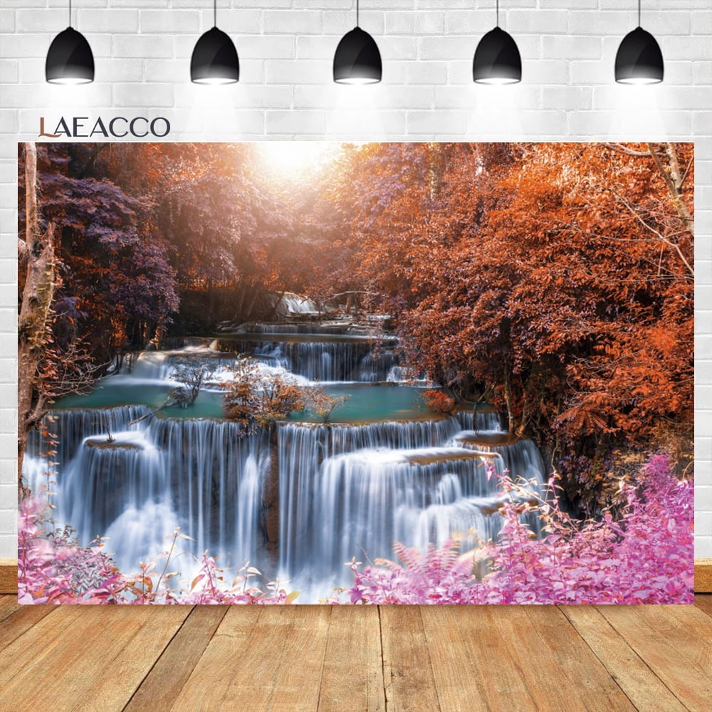 Natural Waterfall Backdrop Green Jungle Forest Mountain Water River ...