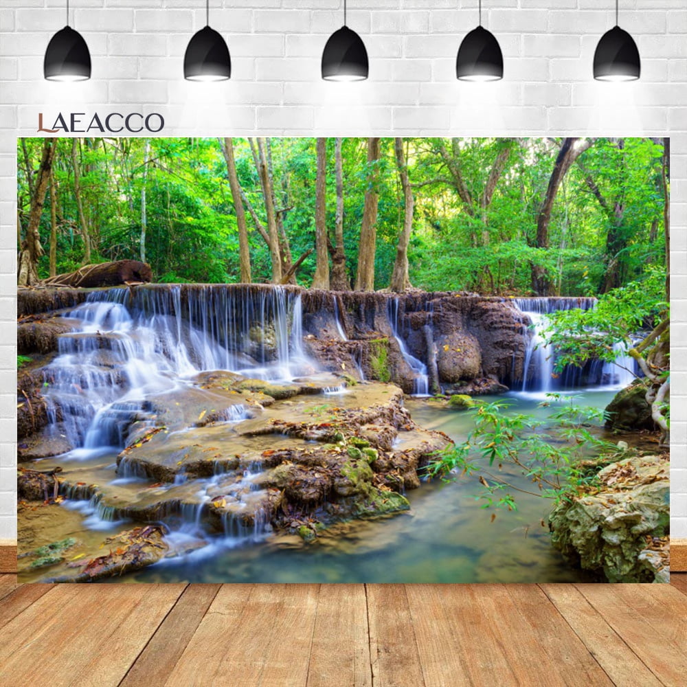 Natural Waterfall Backdrop Green Jungle Forest Mountain Water River ...