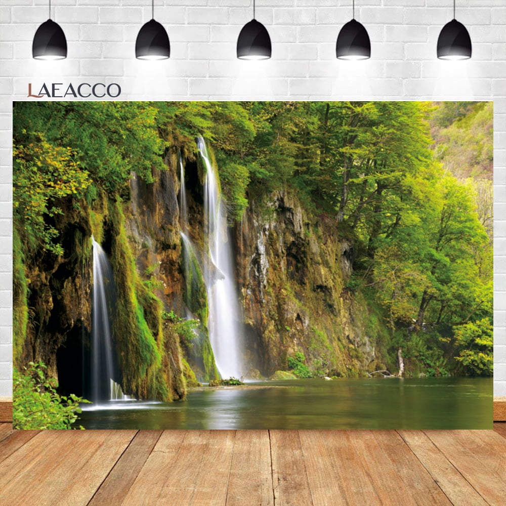 Natural Waterfall Backdrop Green Jungle Forest Mountain Water River ...