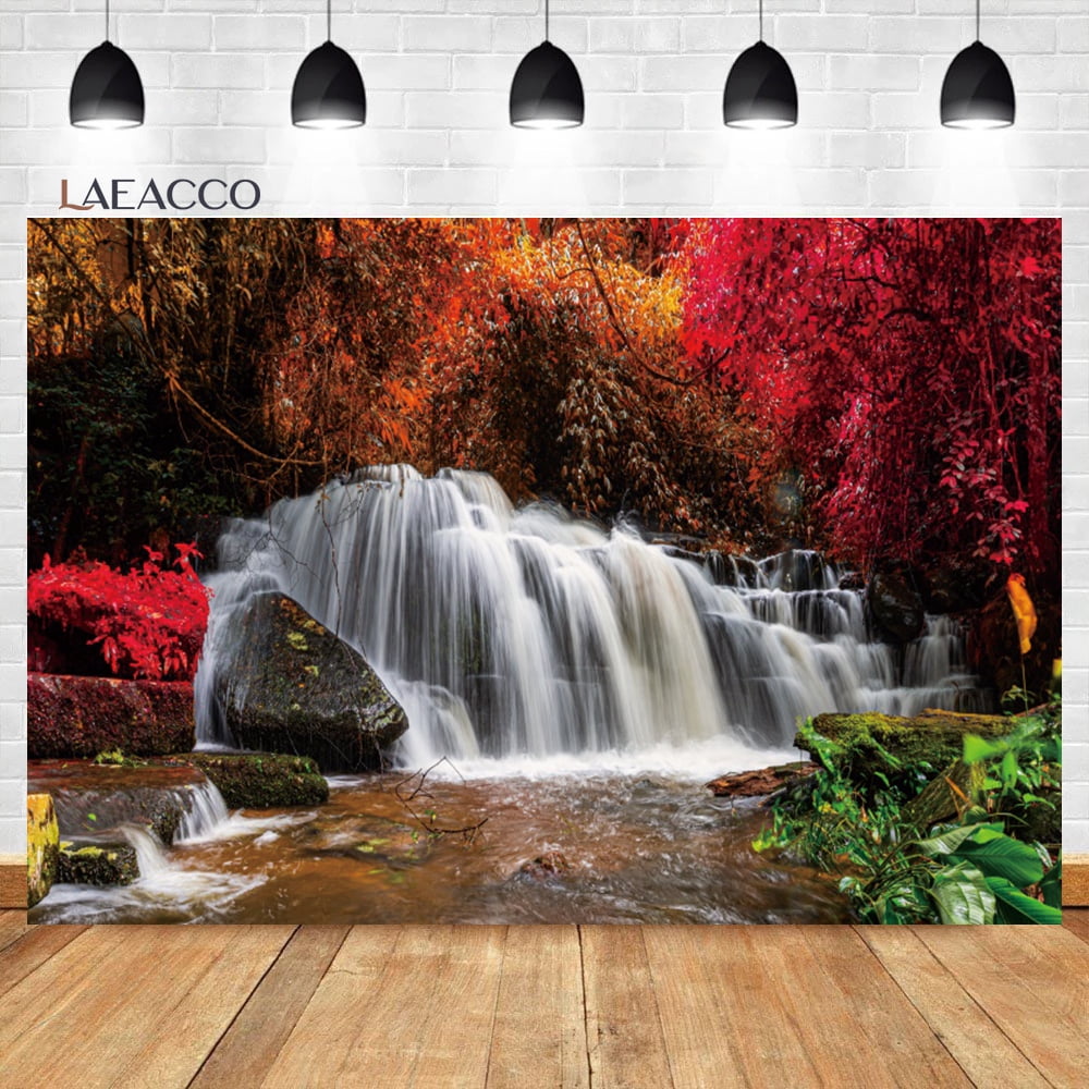 Natural Waterfall Backdrop Green Jungle Forest Mountain Water River ...