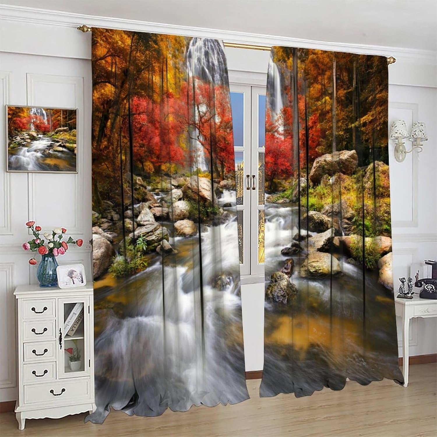 Natural Waterfall Curtains, Mountain Forest Landscape Waterfall Themed ...