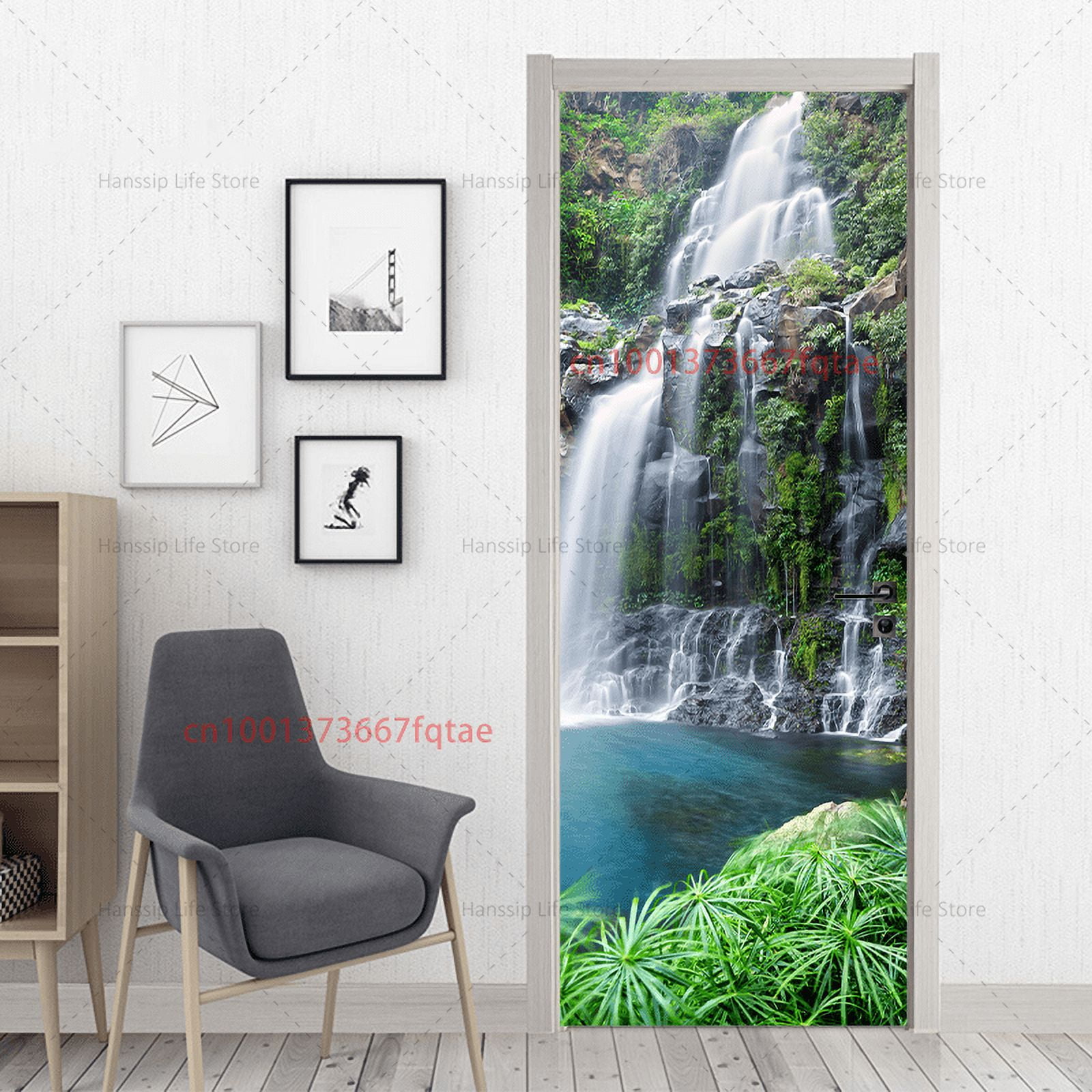 Natural Waterfall Scenery Door Stickers Waterproof PVC Forest Waterfall ...