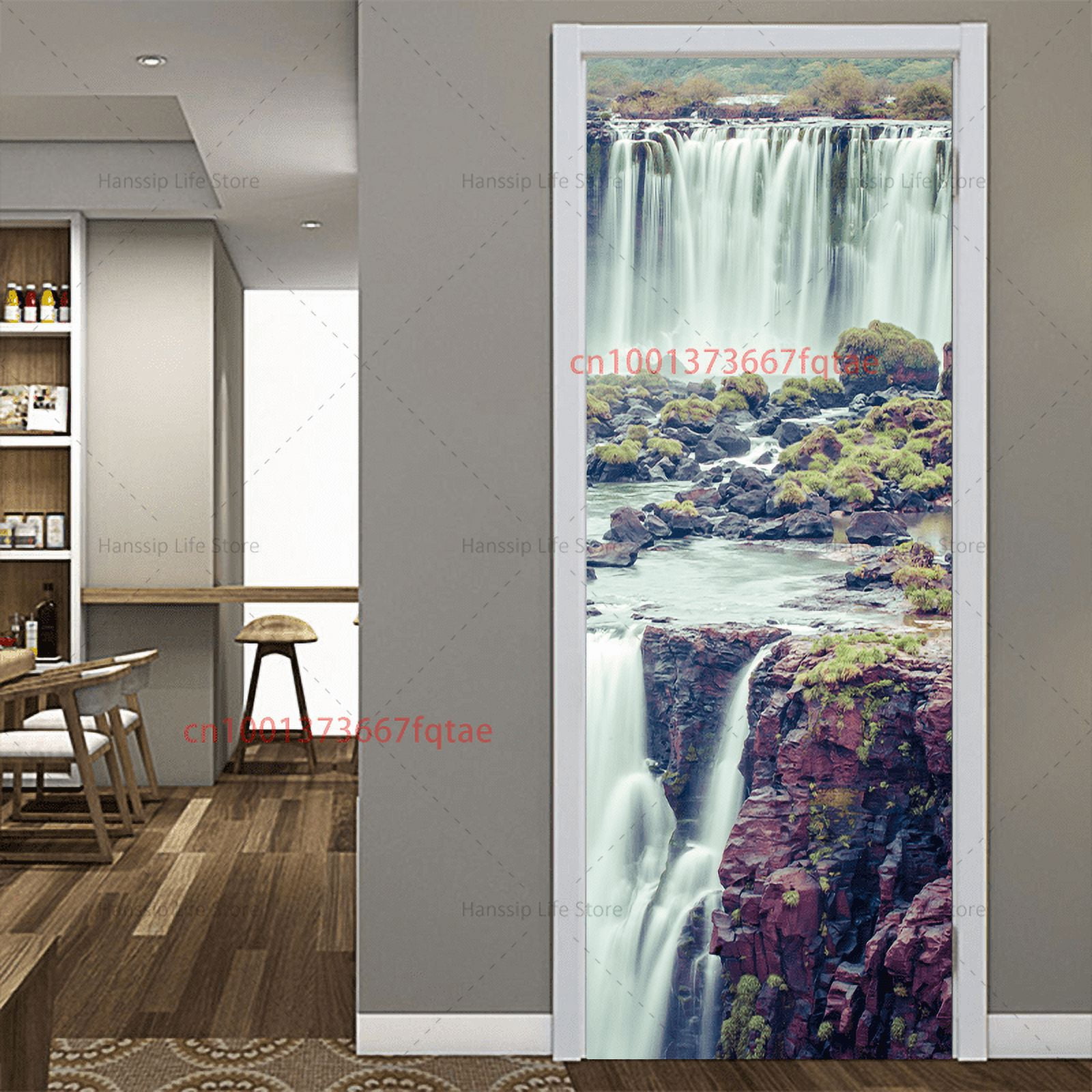 Natural Waterfall Scenery Door Stickers Waterproof PVC Forest Waterfall ...