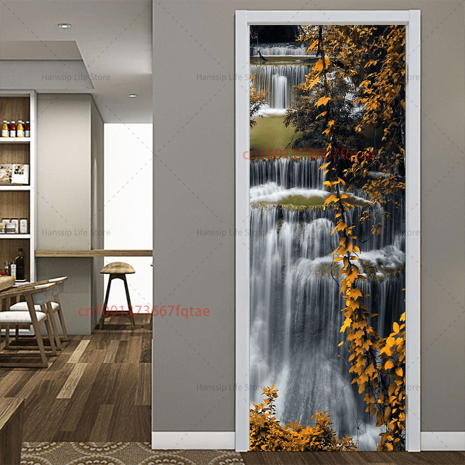 Natural Waterfall Scenery Door Stickers Waterproof PVC Forest Waterfall ...