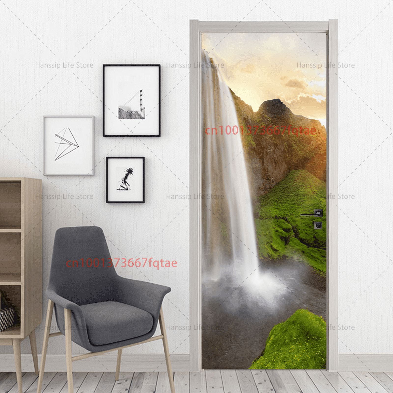 Natural Waterfall Scenery Door Stickers Waterproof PVC Forest Waterfall ...