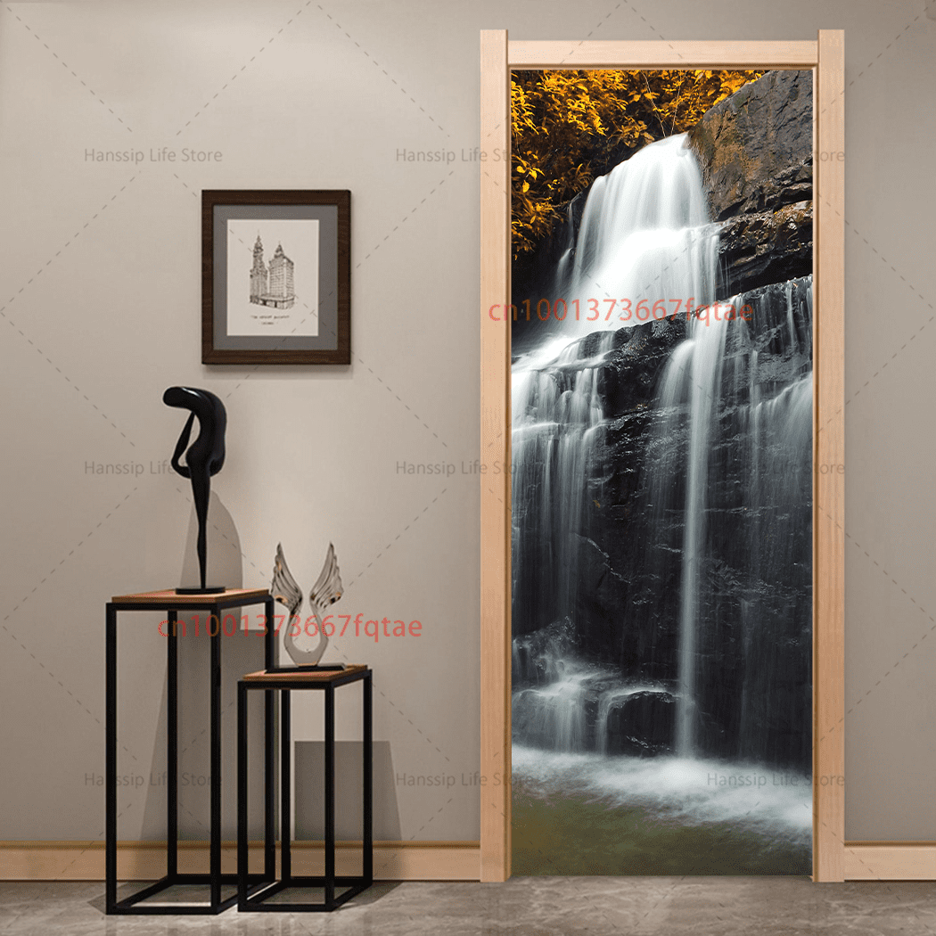 Natural Waterfall Scenery Door Stickers Waterproof PVC Forest Waterfall ...