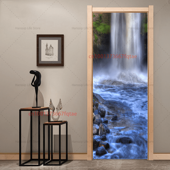 Natural Waterfall Scenery Door Stickers Waterproof PVC Forest Waterfall ...