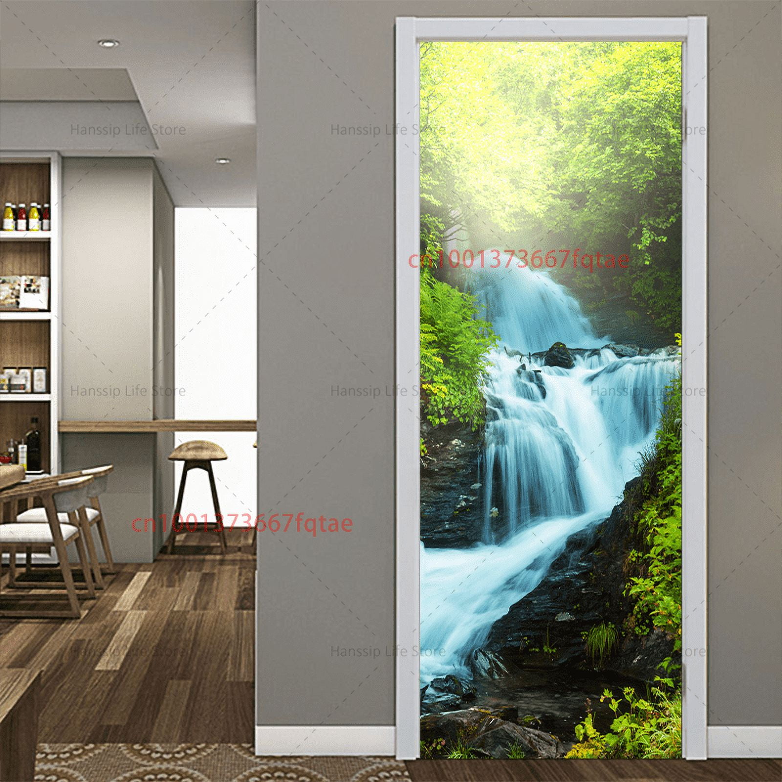 Natural Waterfall Scenery Door Stickers Waterproof PVC Forest Waterfall ...