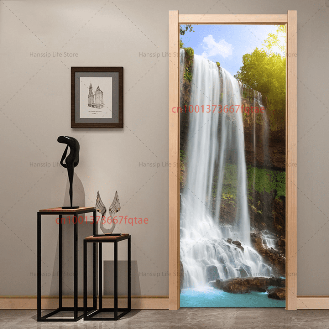 Natural Waterfall Scenery Door Stickers Waterproof PVC Forest Waterfall ...