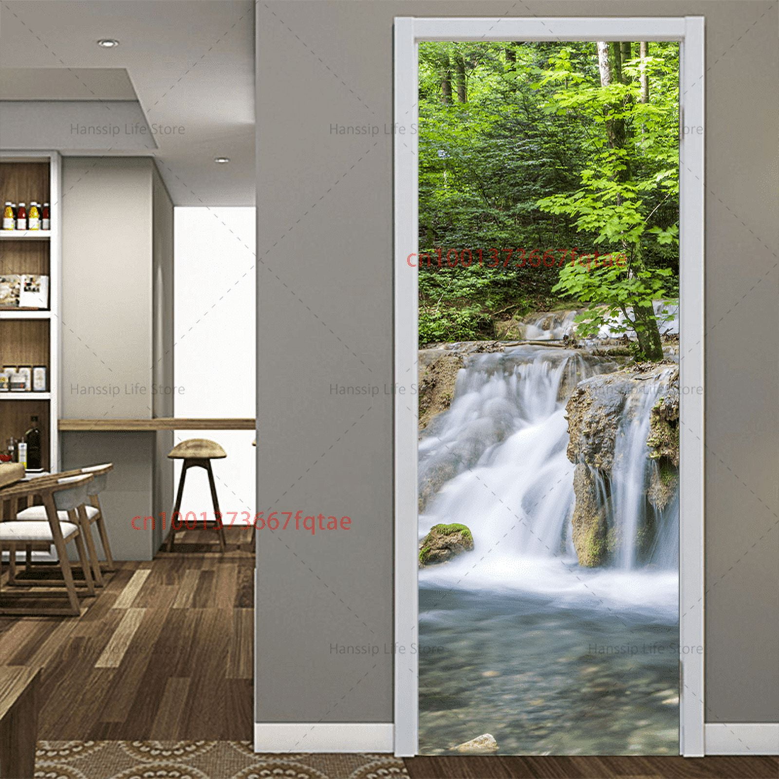 Natural Waterfall Scenery Door Stickers Waterproof PVC Forest Waterfall ...