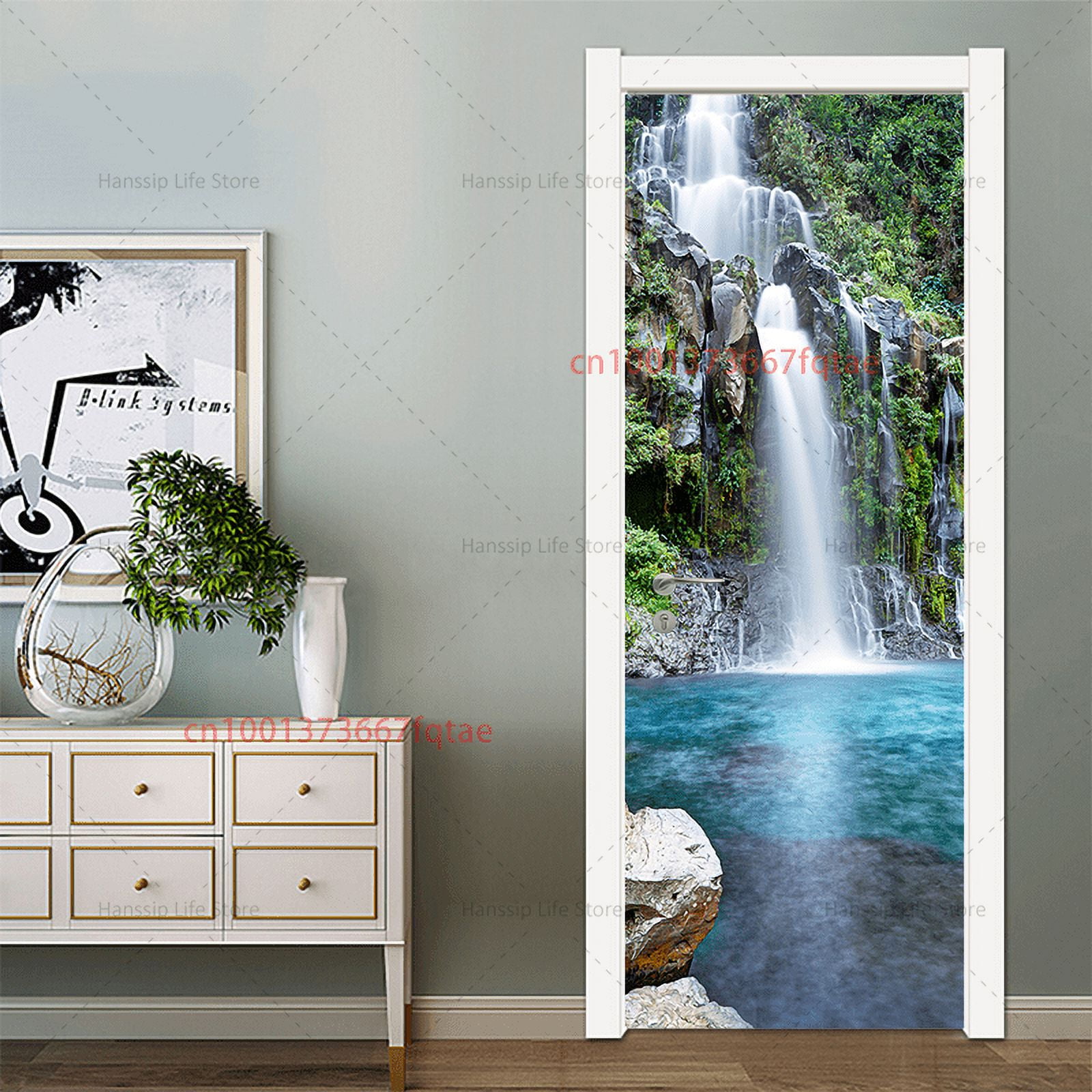 Natural Waterfall Scenery Door Stickers Waterproof PVC Forest Waterfall ...