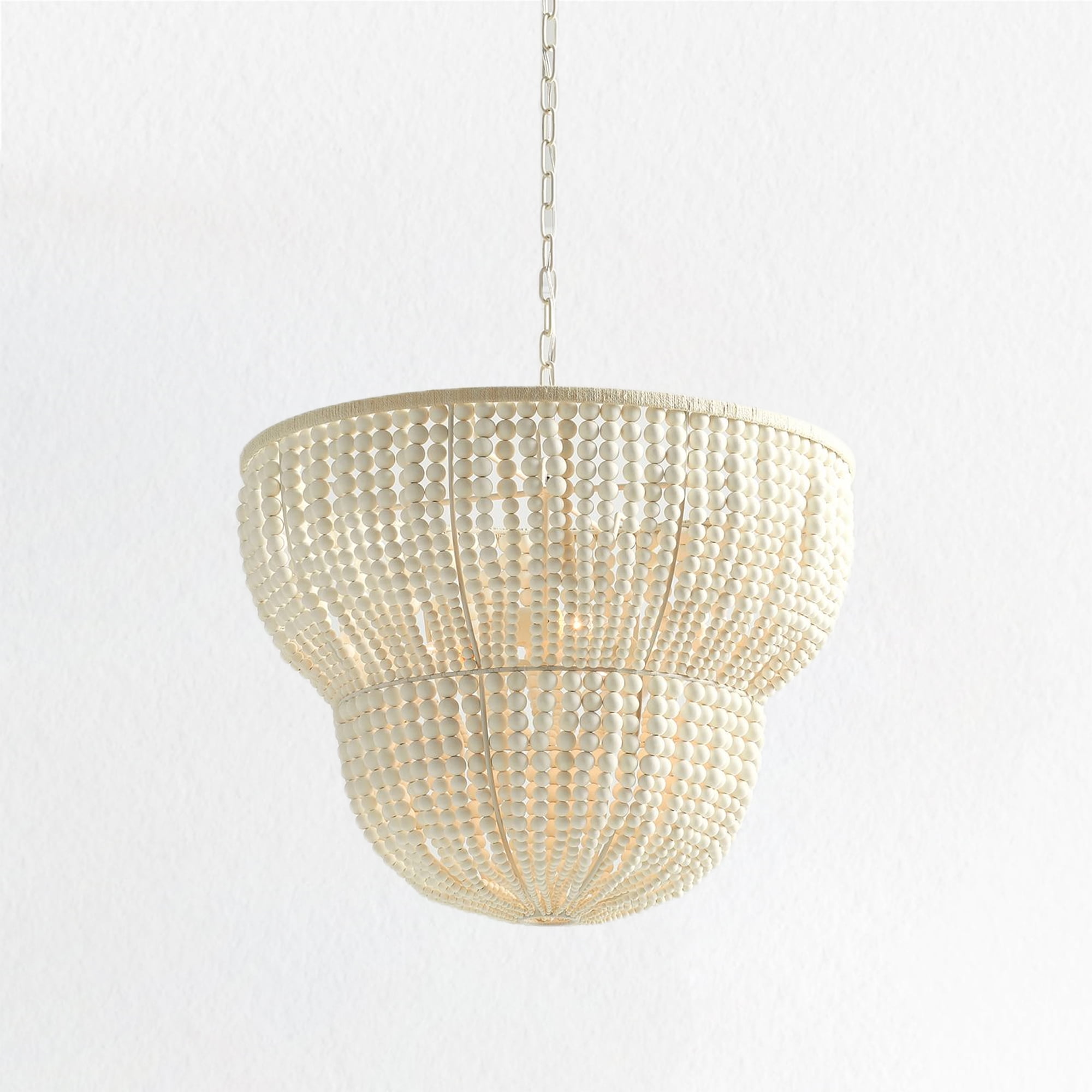 Natural White Chandelier, Wood Bead Weaved Ceiling Lamp, 2-Tier Ivory ...