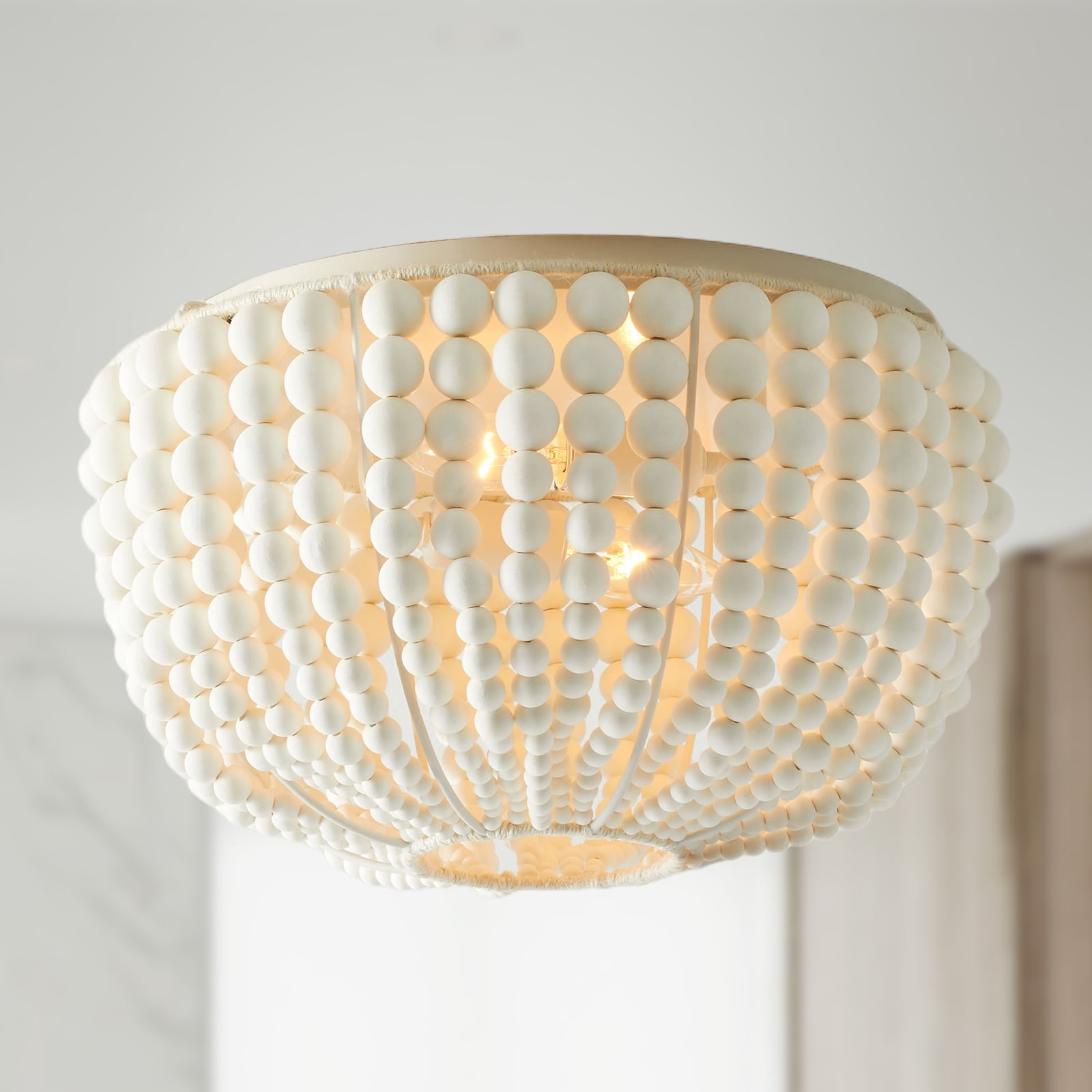 Natural White Flush Mount Light, Wood Bead Weaved Ceiling Light, Ivory ...