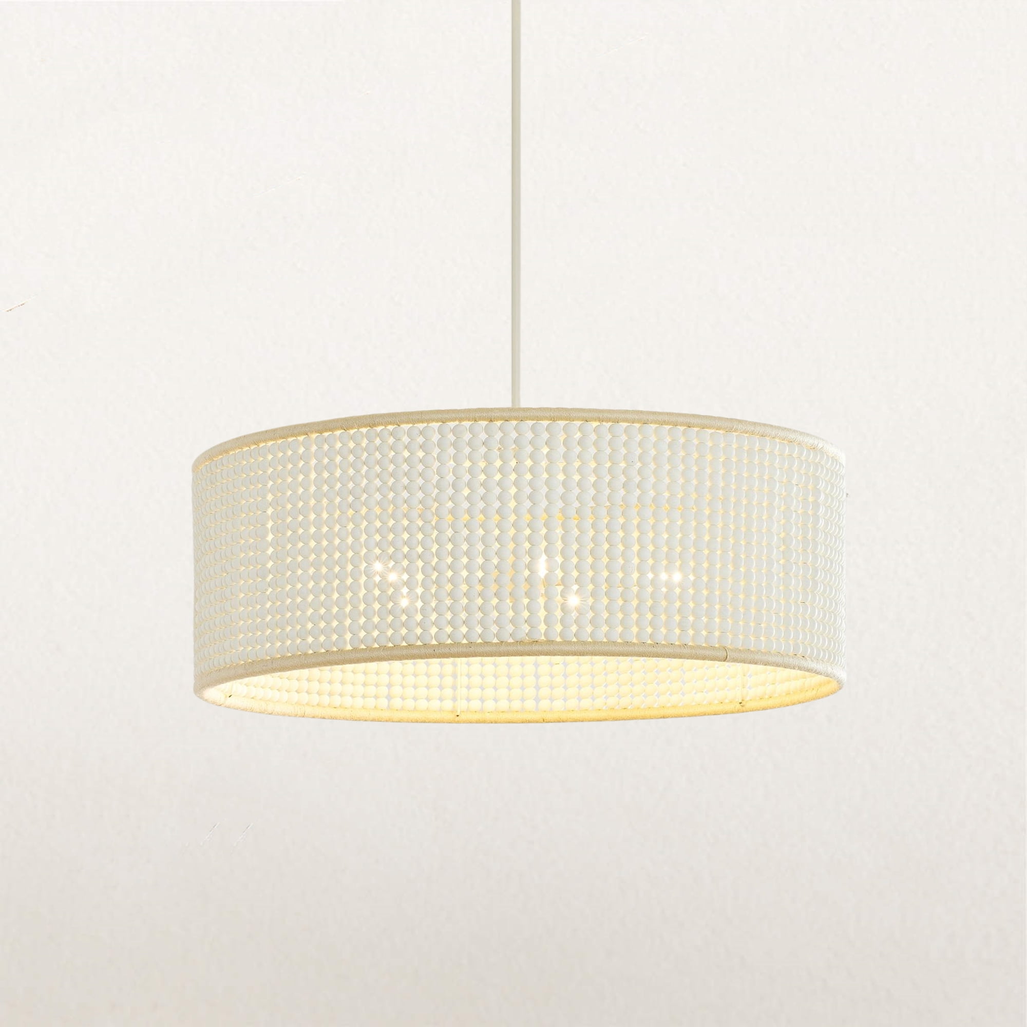 Natural White Pendant, 26 Inch Pendant Light with Wood Bead Weaved Drum ...
