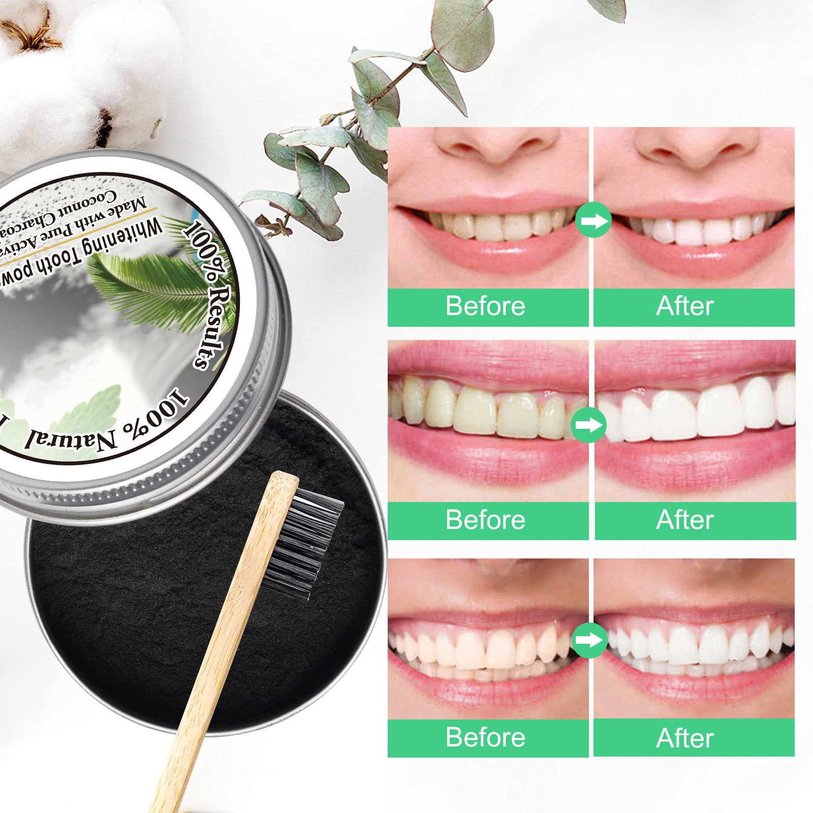 Natural Whitening Tooth Powder with Coconut Charcoal 100% Vegan Formula ...