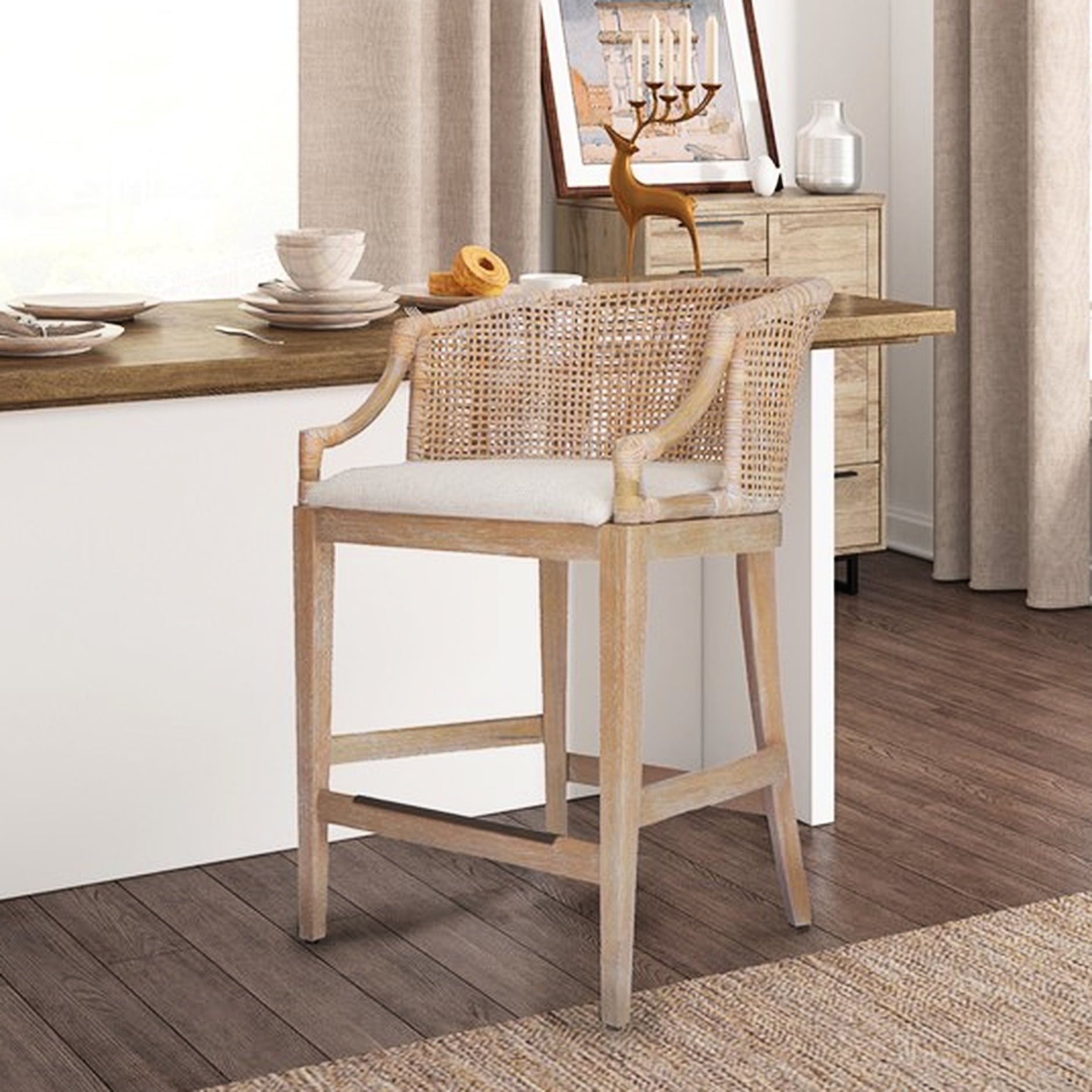 Natural Whitewash Counter Stool With Upholstery And Solid Wood Legs For ...