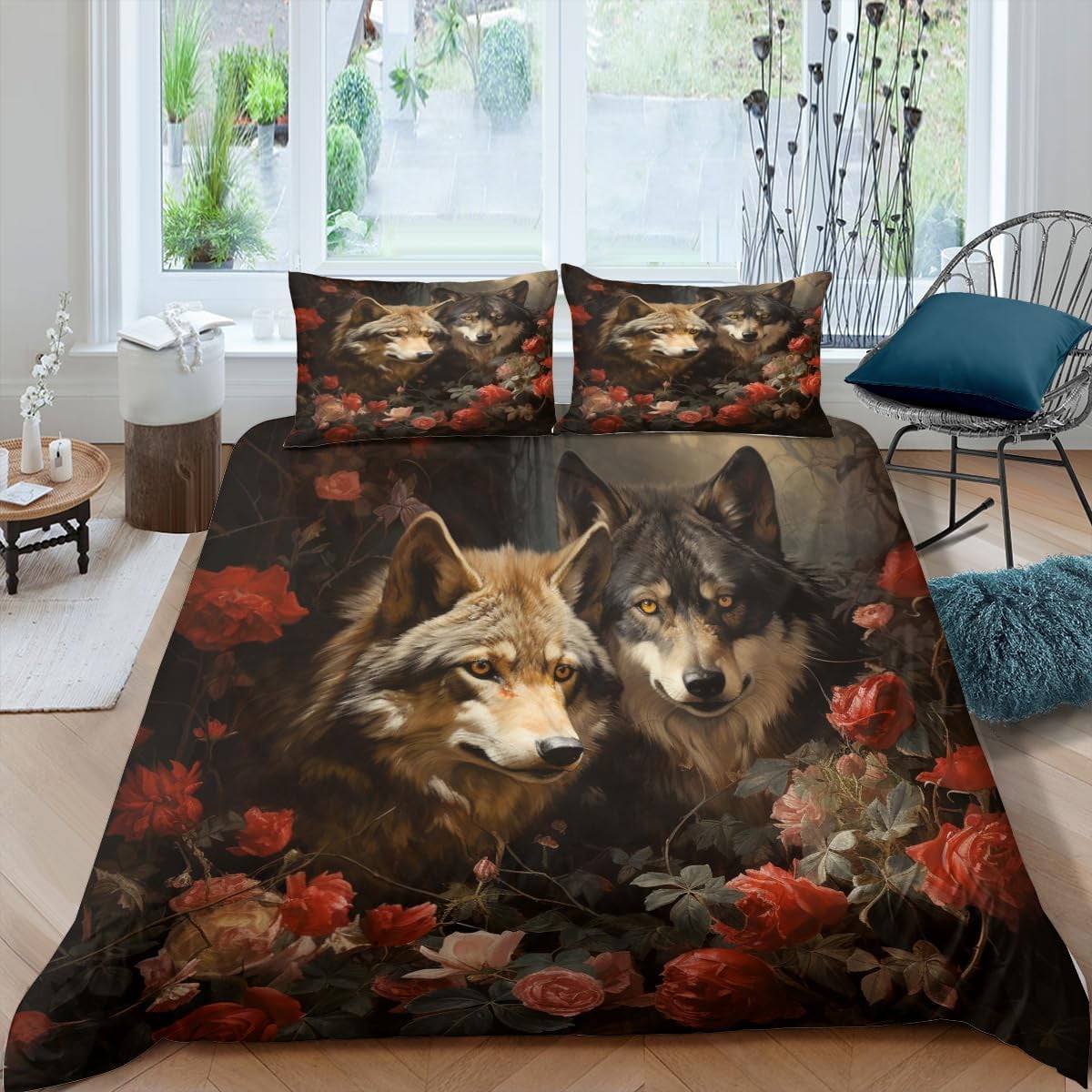 Natural Wolf Duvet Cover Flowers Comforter Cover Wolves Floral Blossom ...