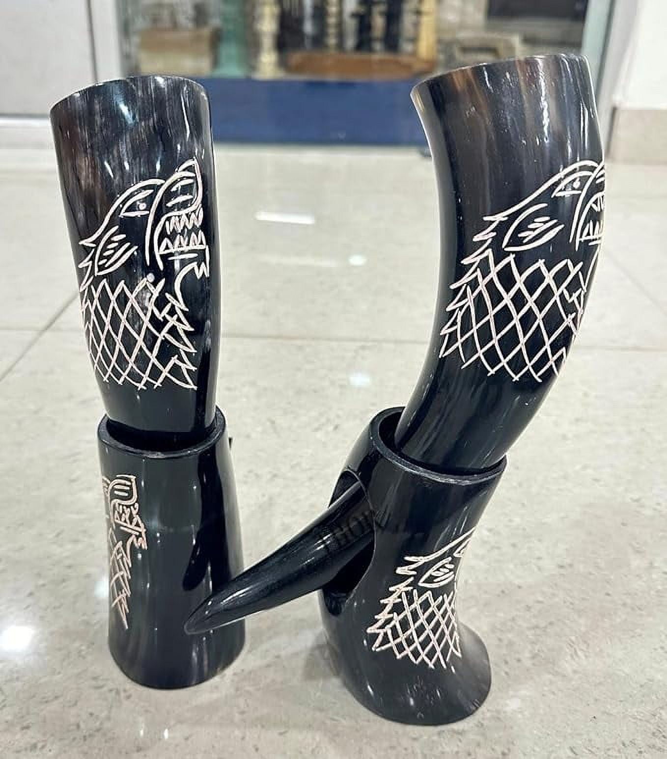Natural Wolf Engraving Ox-Horn Viking Drinking Horn Mug With Stand ...