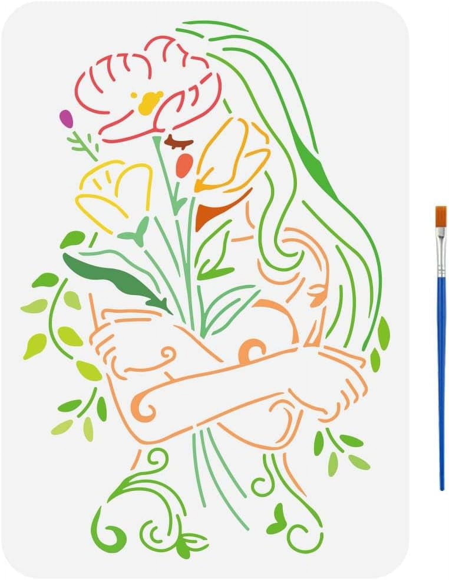 Natural Women Painting Stencil 8.3x11.7inch Floral Woman Stencil with 1 ...