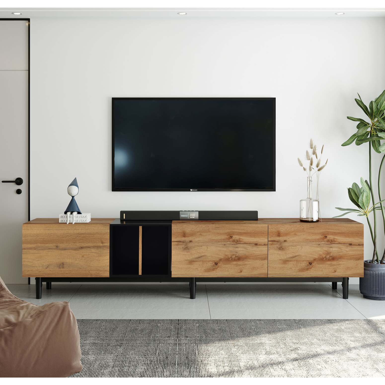 Natural Wood 3-Door Modern TV Stand for 80" TVs - Spacious ...