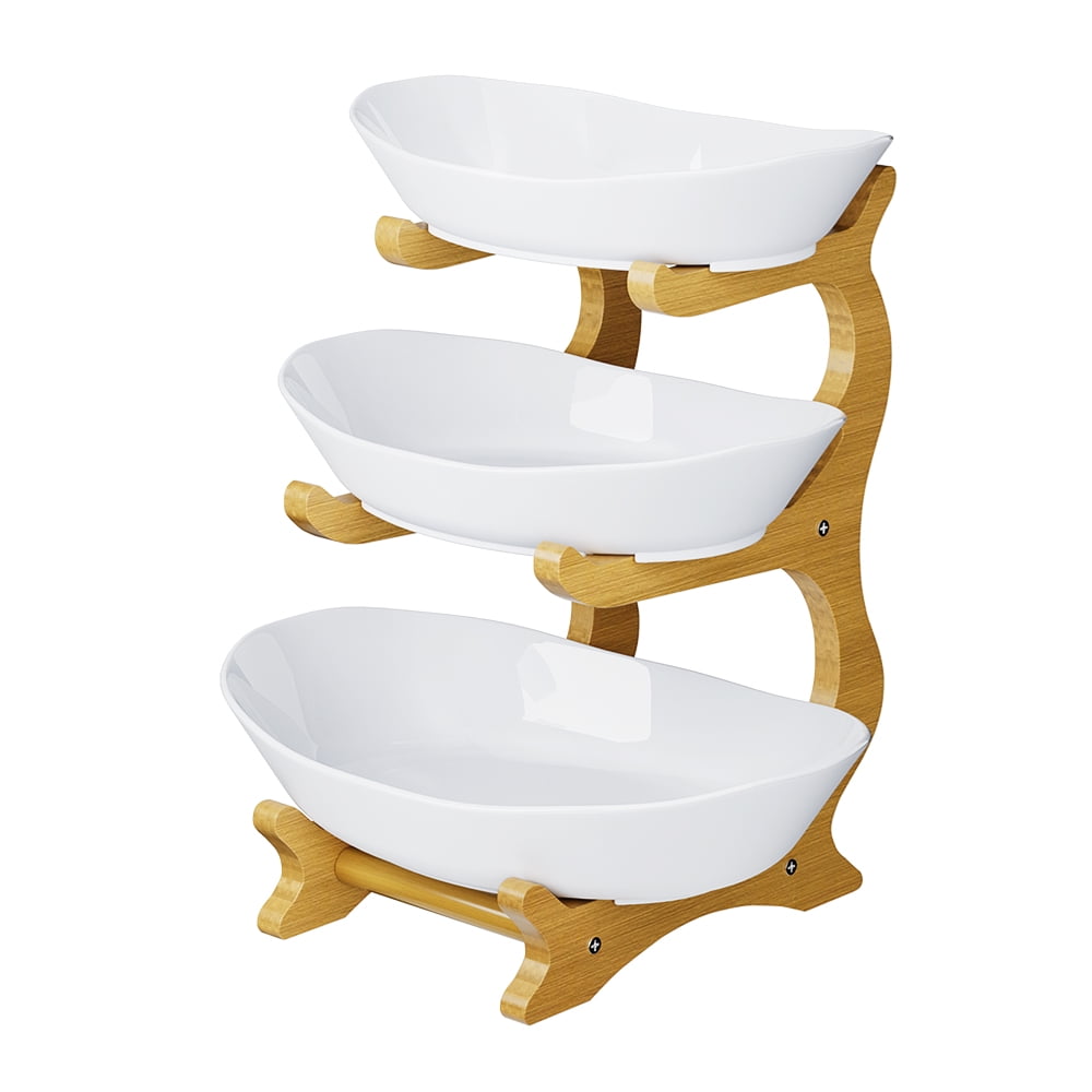 Natural Wood 3-Tier Plastic Luxury Fruit Stand - Elegant Double Layer ...