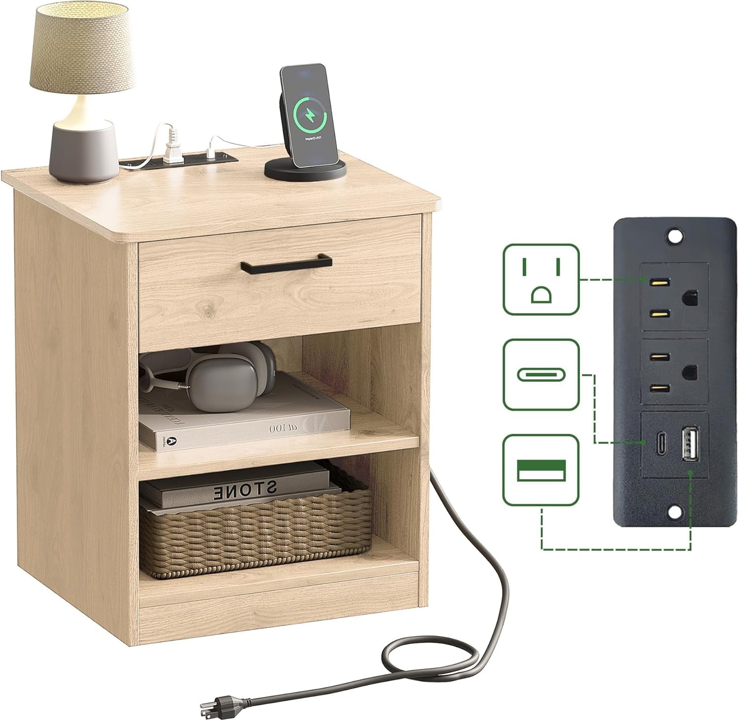 Natural Wood Bedside Table with USB-C Fast Charging Station & Drawer ...