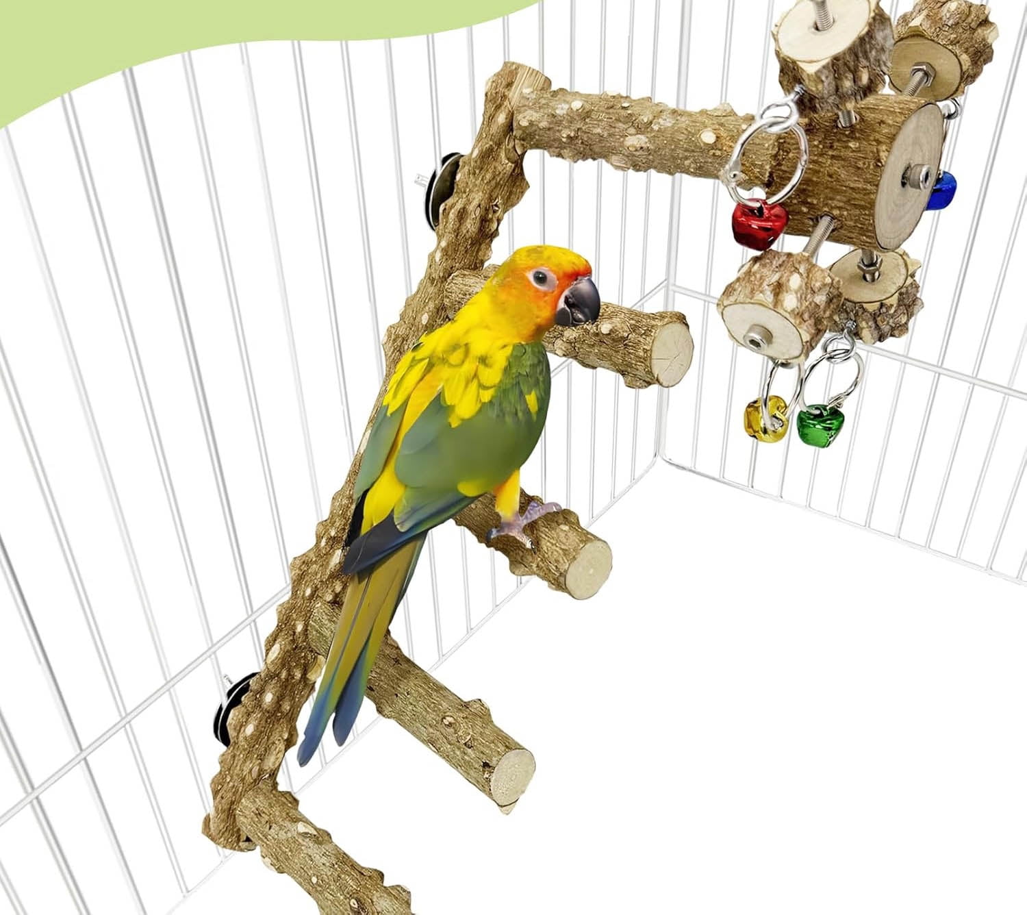 Natural Wood Bird Ladder Perch with Rotating Bell Toys for Parrot ...