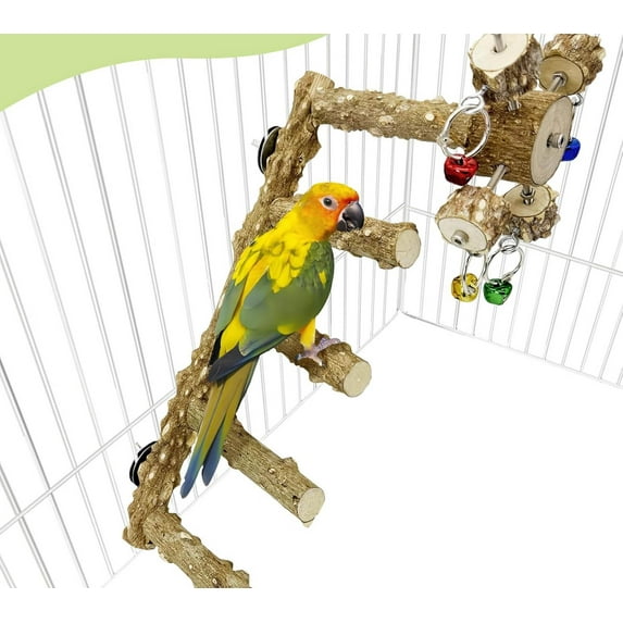Natural Wood Bird Ladder Perch with Rotating Bell Toys for Parrot ...