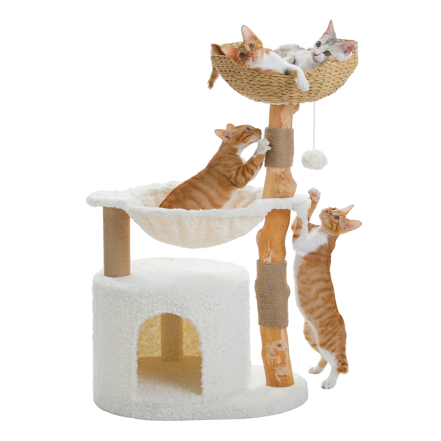 Natural Wood Cat Tree with Wicker Basket and Hammock, 40 Inch Tall Cat ...