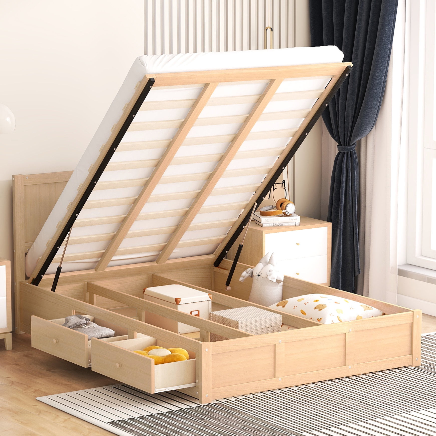 Natural Wood Color Platform Bed With Under Storage Compartments And 2 ...