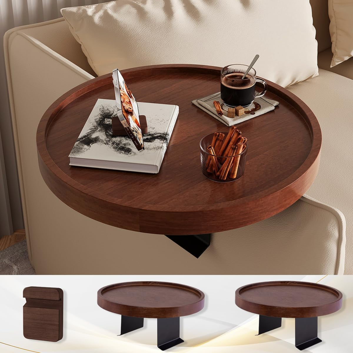 Natural Wood Couch Arm Table,Adjustable Round Couch Arm Tray with Phone ...
