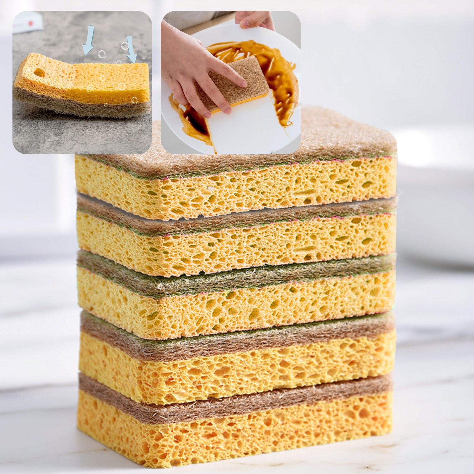 Natural Wood Fiber Sponge, Bi-Sided Dishwashing Sponge, Heavy Duty ...