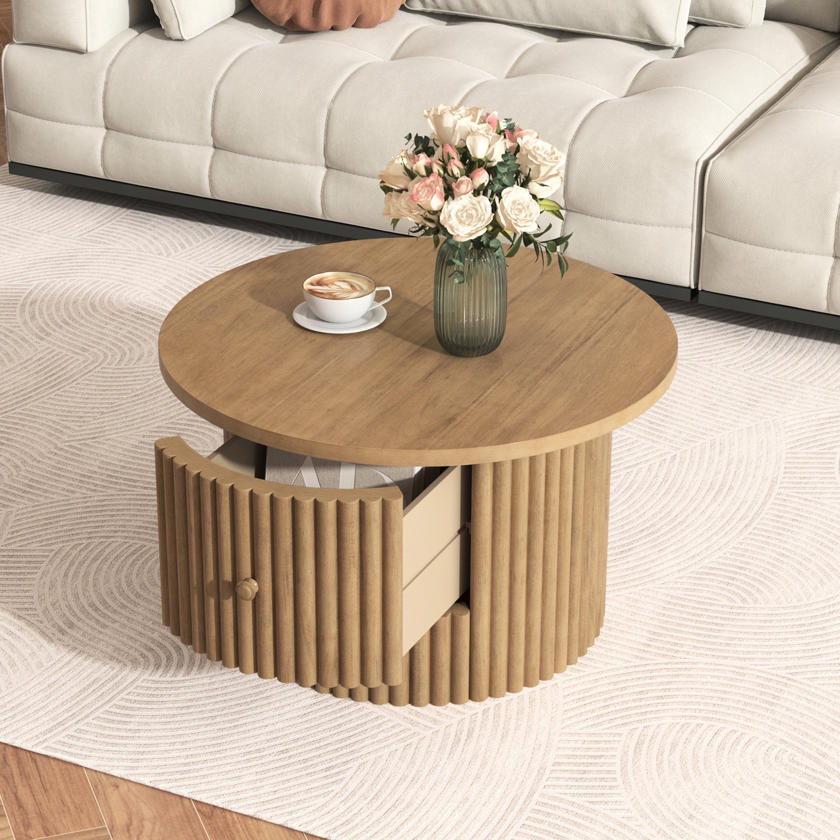 Natural Wood Finish Round Coffee Table - Adds Retro Charm to Living ...