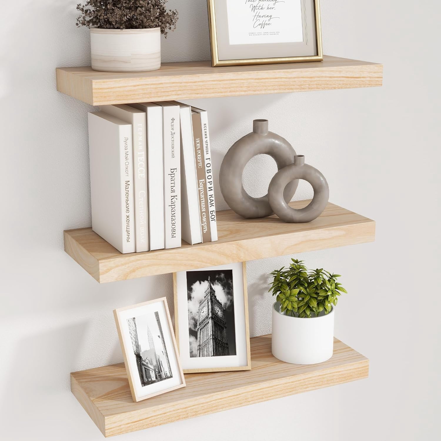 Natural Wood Floating Shelves - Wood Floating Shelves for Wall Set of 3 ...