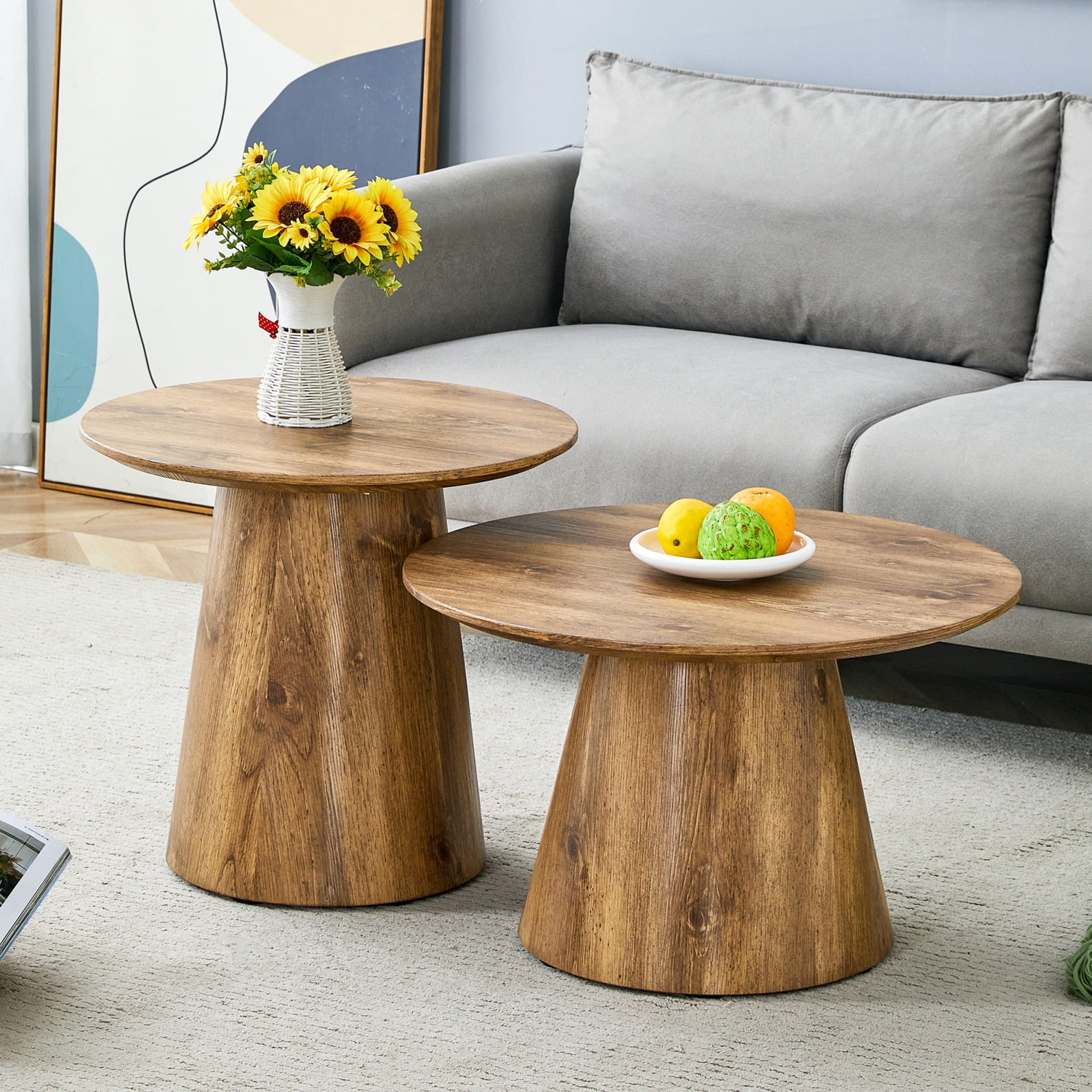 Natural Wood Grain MDF Round Coffee Table Set with Wood Texture ...