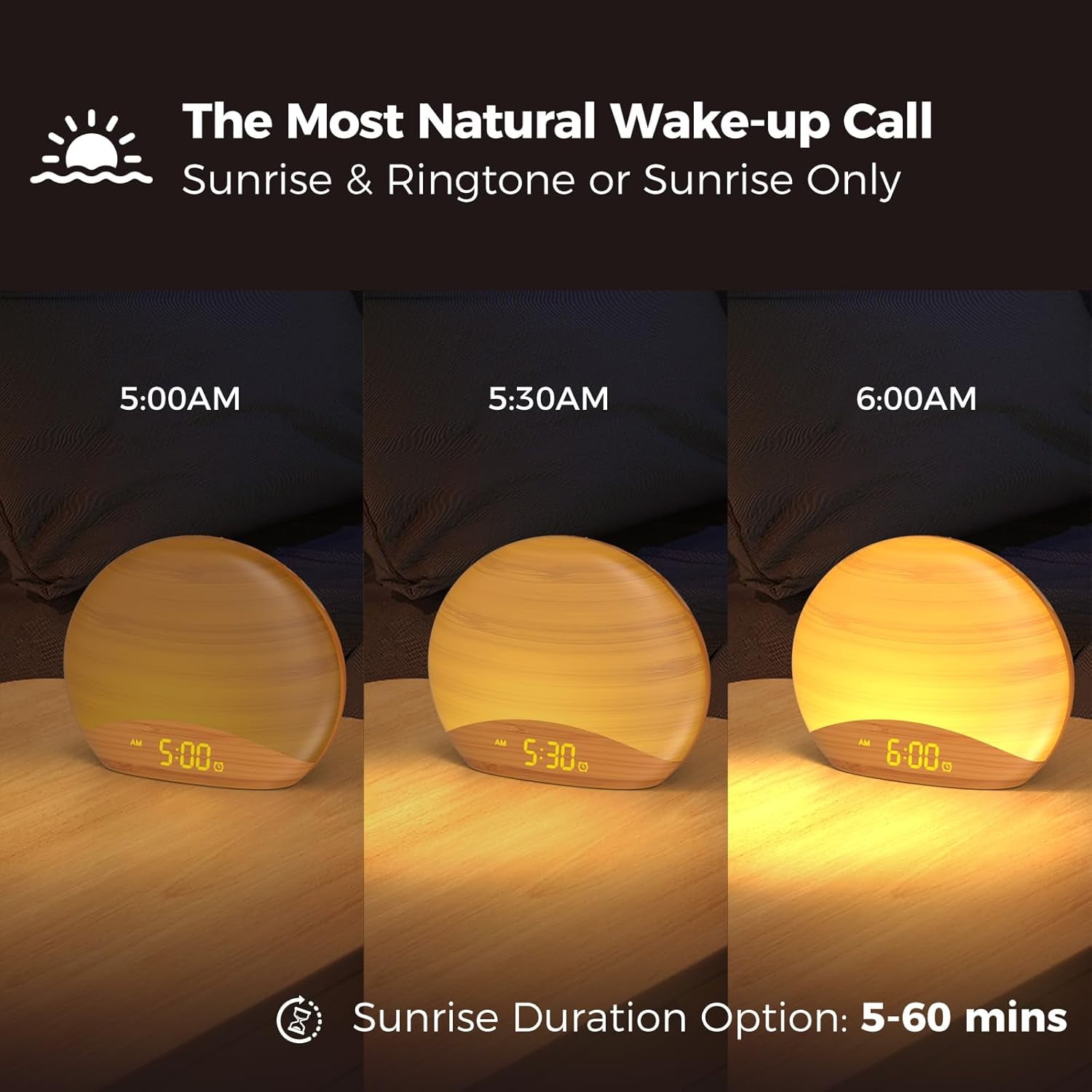 Natural Wood Grain Sound Machine Sunrise Alarm Clock，26 Nature Inspired ...