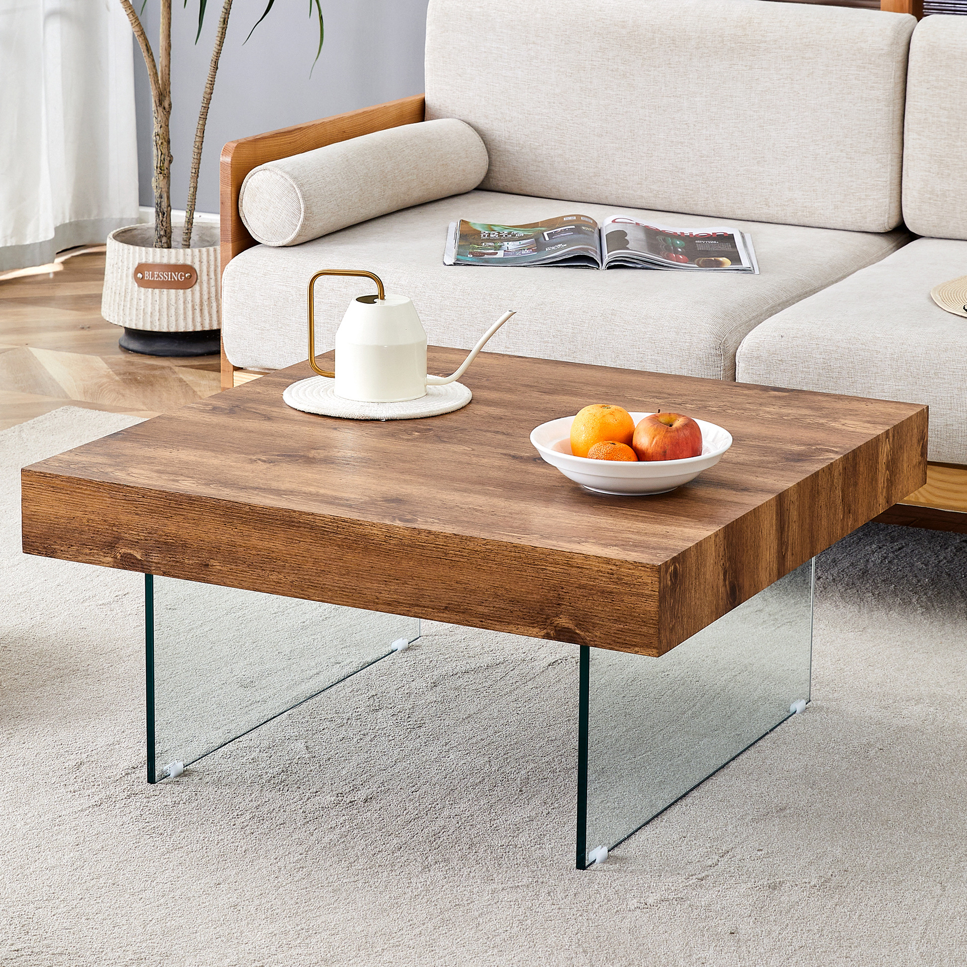 Natural Wood Grain Square Coffee Table, 31.5"x31.5", Tempered Glass ...