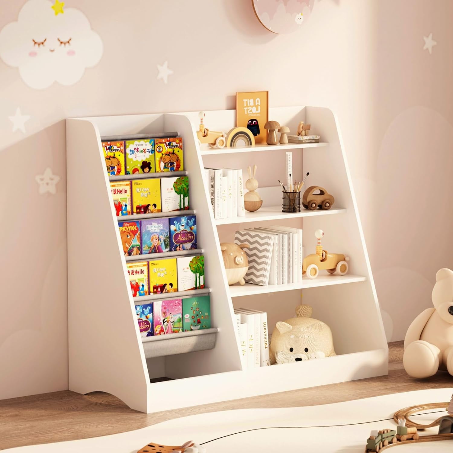 Natural Wood Kids Bookshelf, Toy & Book Storage Organizer with Slings ...