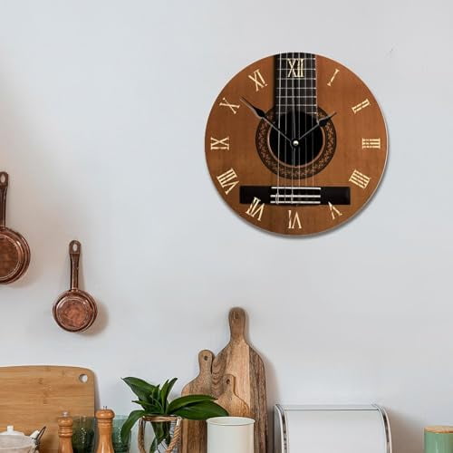 Natural Wood Look Wall Clock Acoustic Guitar Music Clocks Silent Round ...