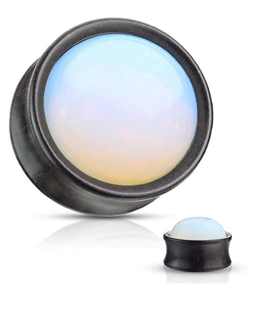 Natural Wood Opalite Stone Front Ebony Wood Double Flared Saddle Plugs ...