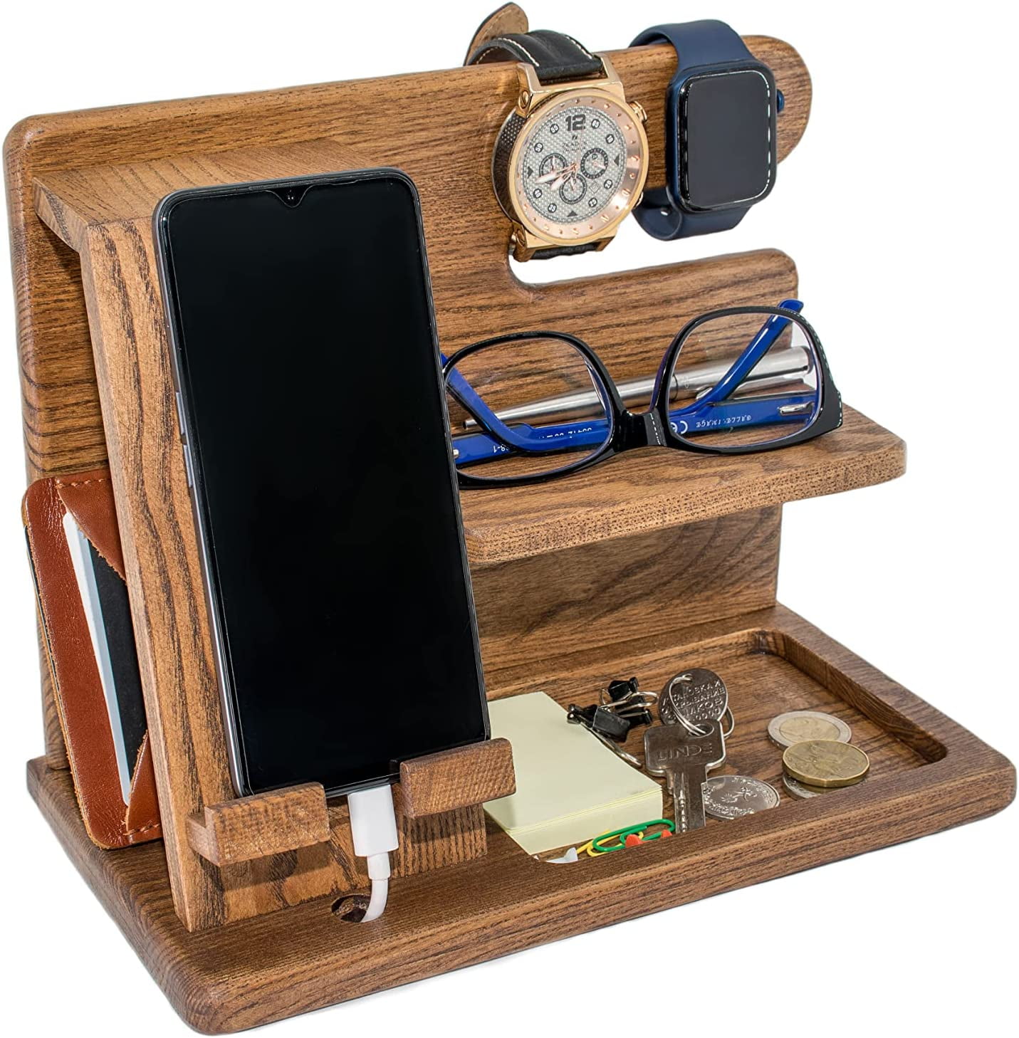 Natural Wood Phone Docking Station Key Holder Wallet Stand Watch ...