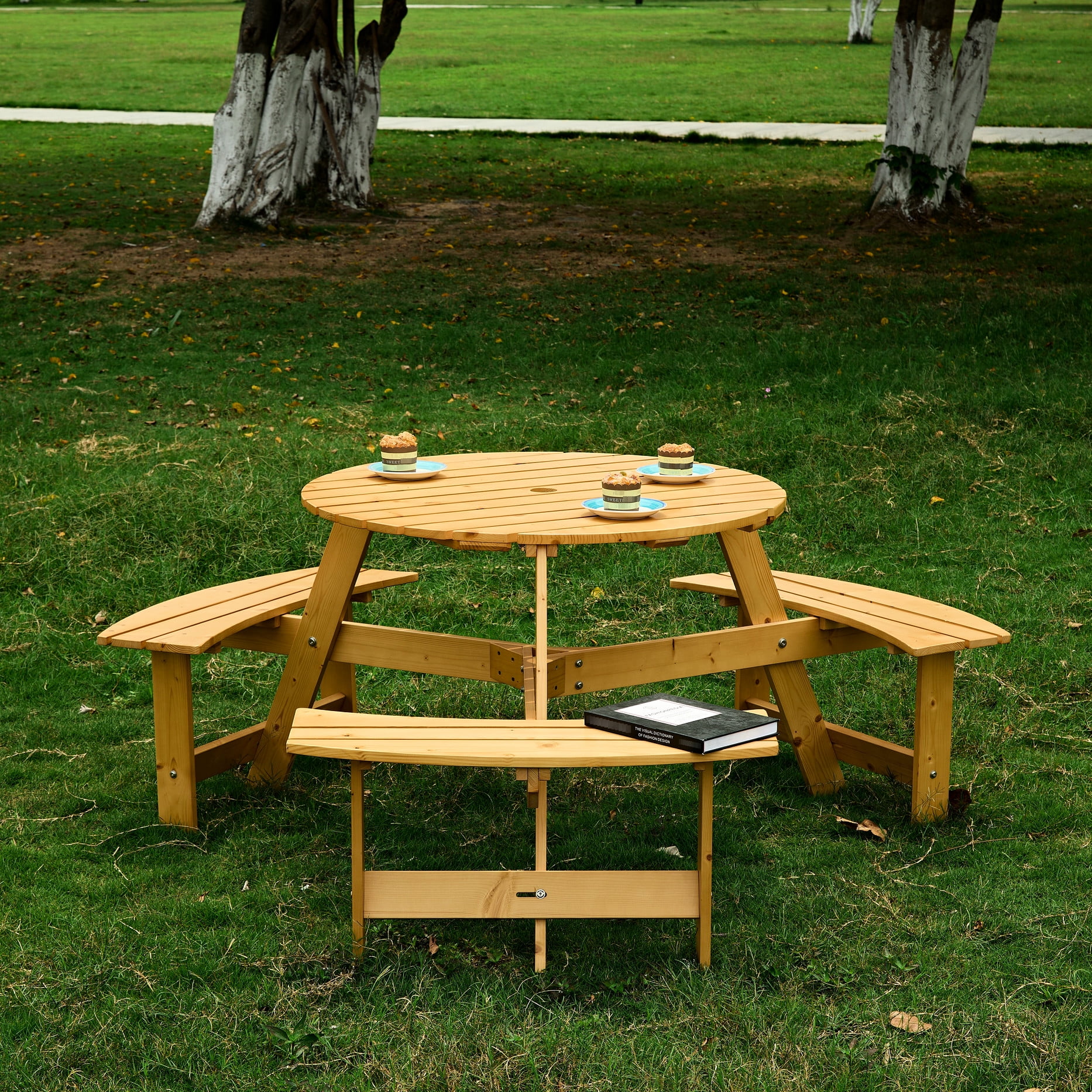 Natural Wood Picnic Table With Umbrella Hole For 6 People - 3 Built-in ...