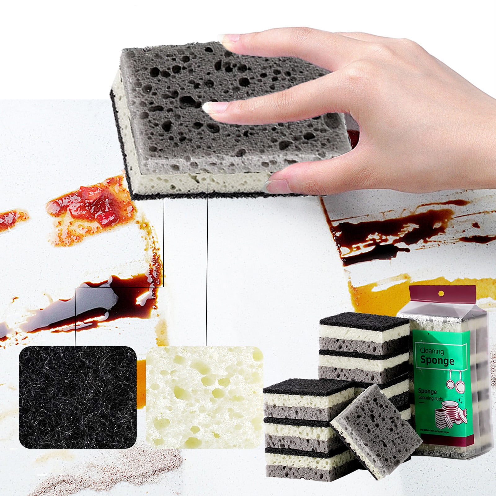 Natural Wood Pulp Dishwashing Sponge, Double-Sided Cleaning Block, Non ...