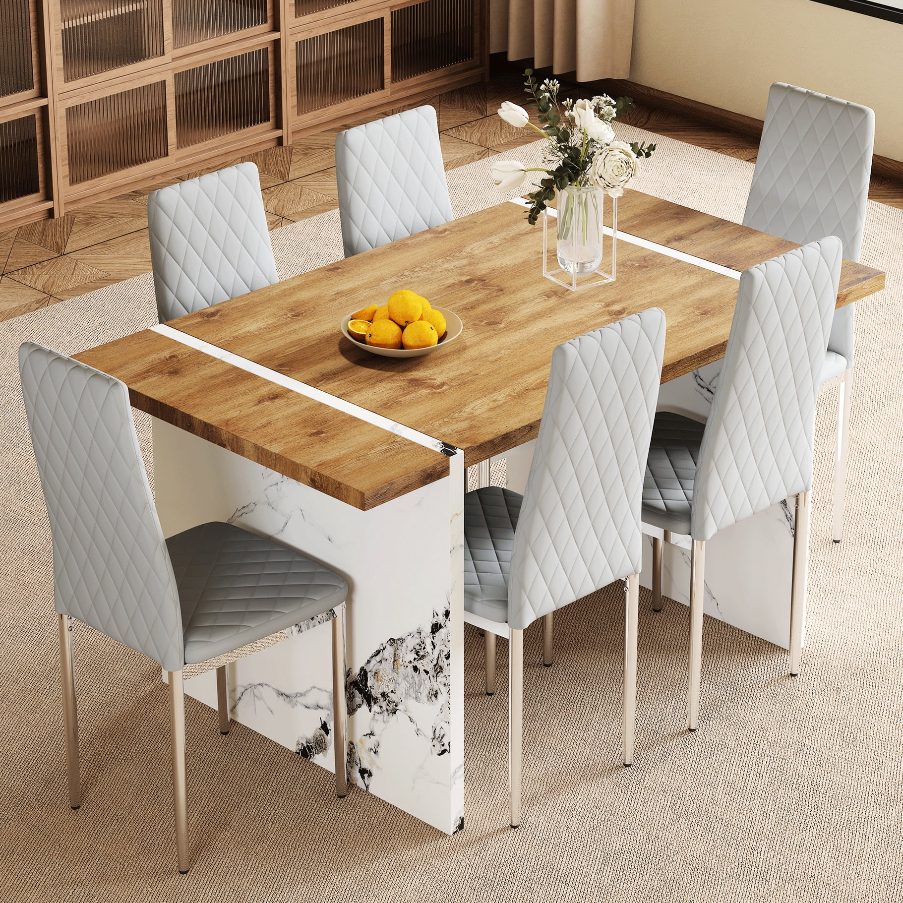Natural Wood Textured Table And 6 Gray Easy Maintenance Chairs 6 Dining ...