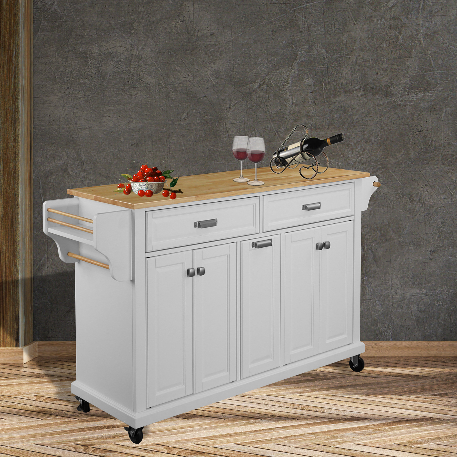 Natural Wood Top Storage Cabinet With Solid Wood Countertop, Spice Rack ...