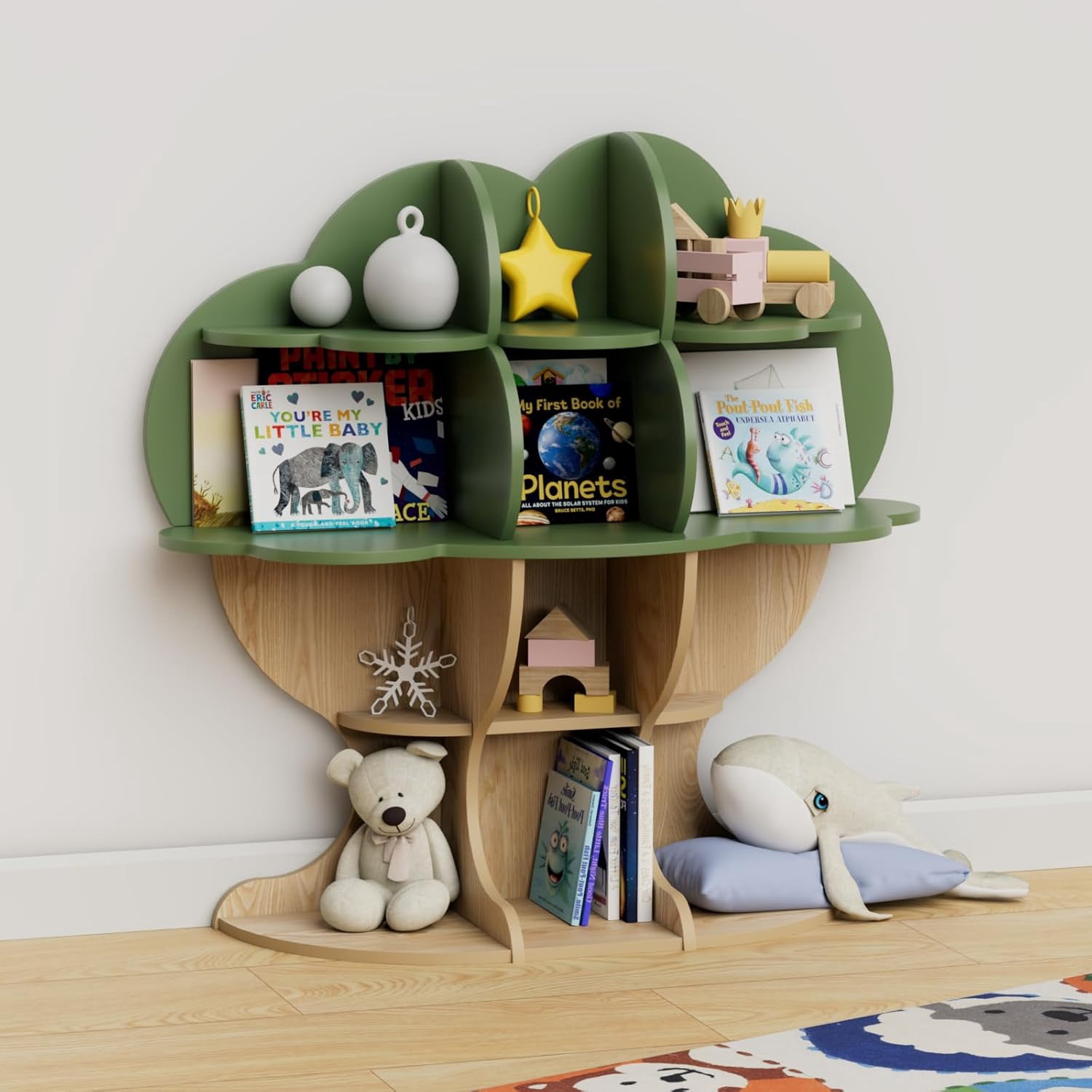 Natural Wood Tree Kids Bookshelf Toddler Bookcase Tier Baby Book Rack ...