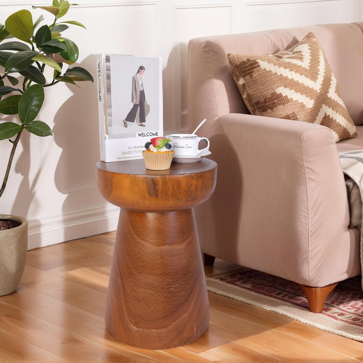 Natural Wood Tree Stump Side Table, 15" Round Wooden End Table for ...