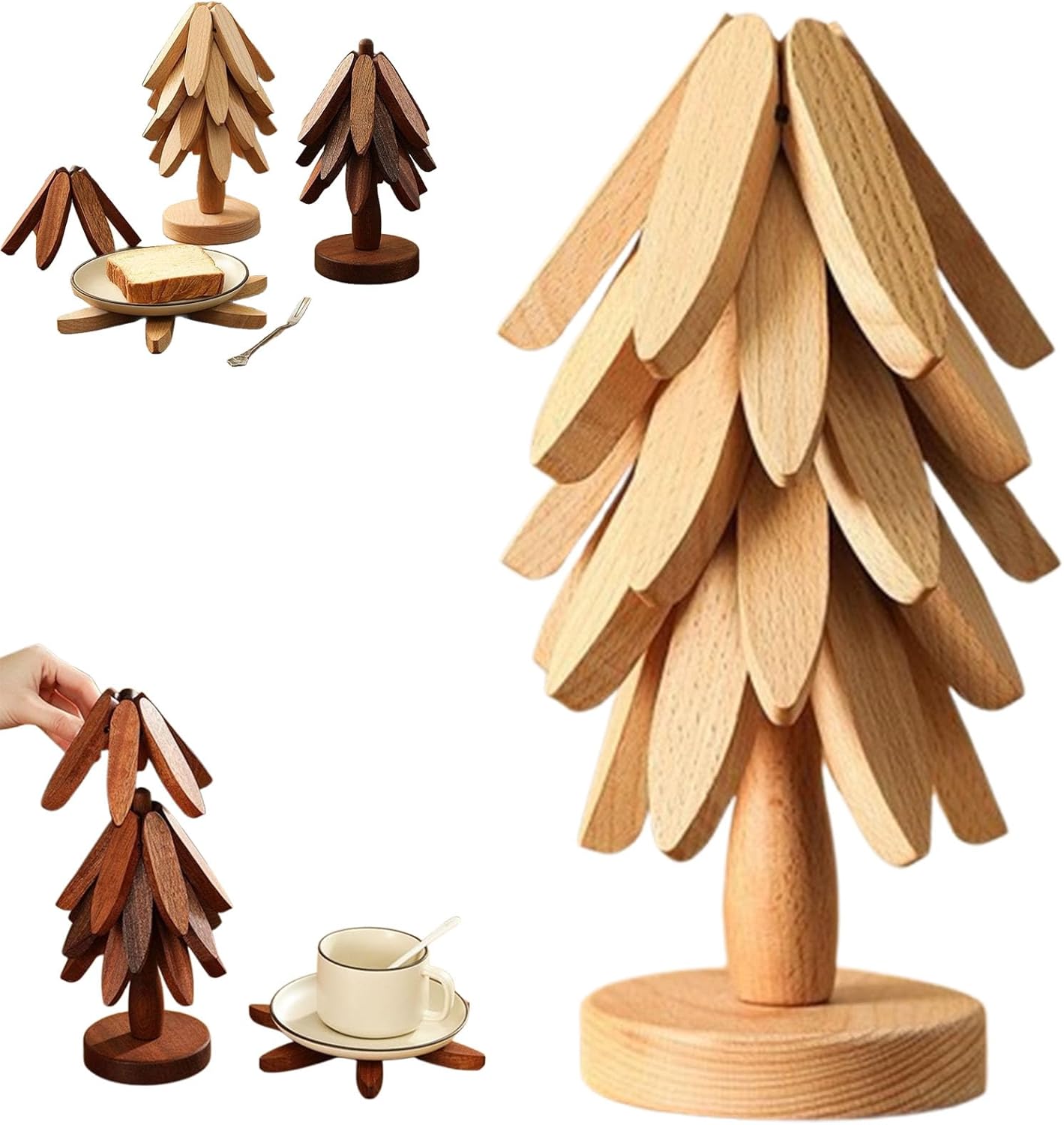 Natural Wood Tree Trivet Set, Christmas Tree Trivet Set, 4 Wooden ...