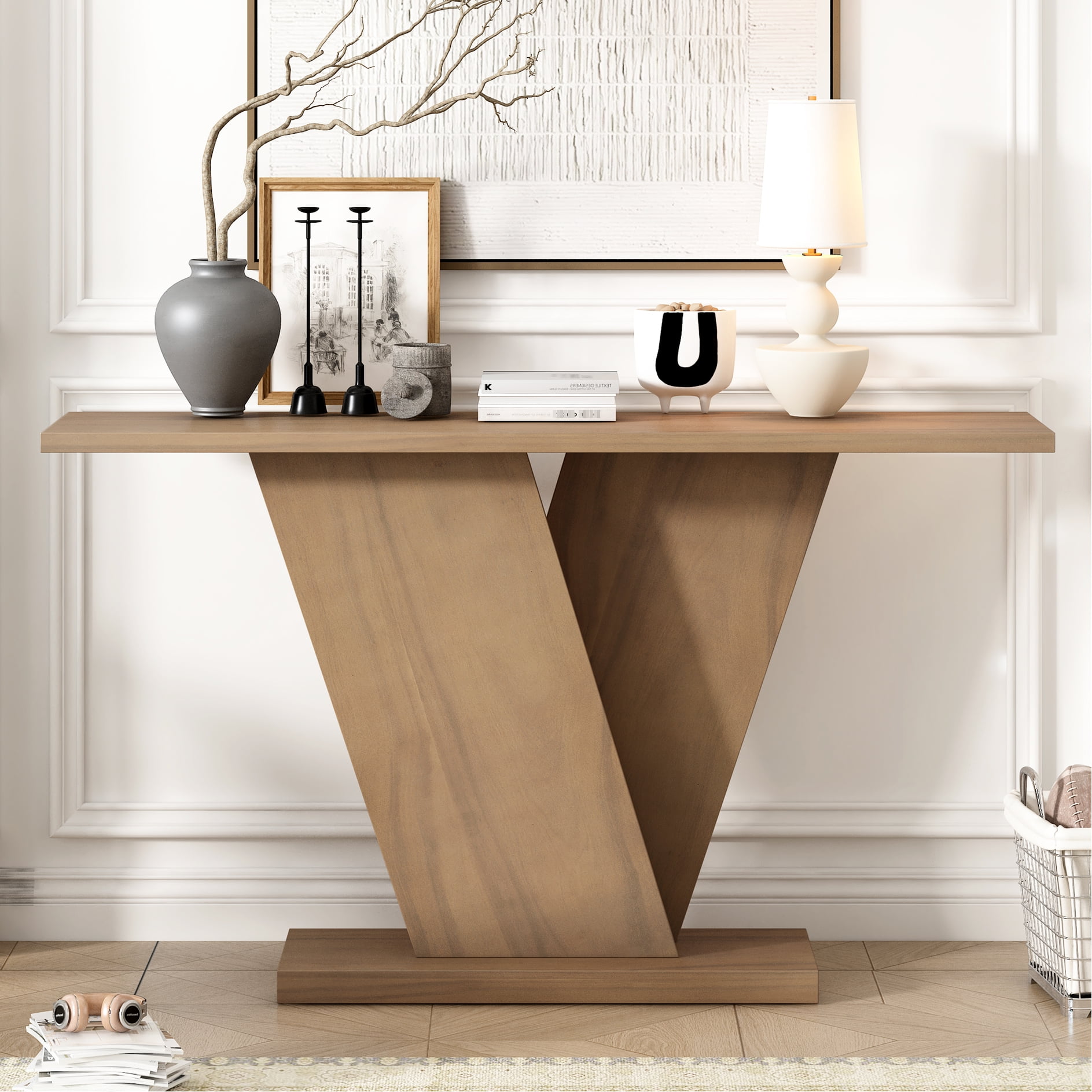 Natural Wood Veneer Console Table - Contemporary Minimalist Style, V ...