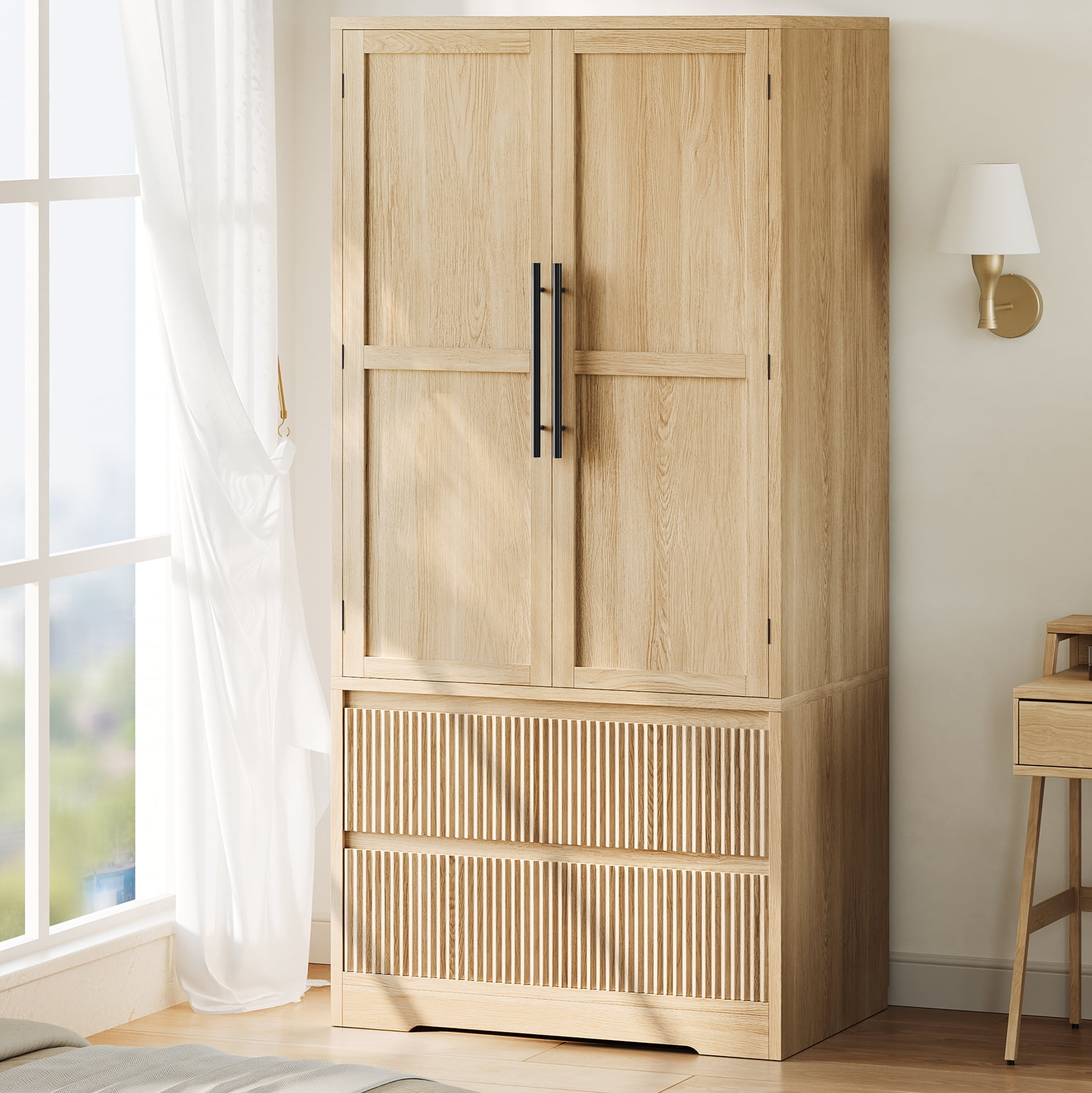 Natural Wood Wardrobe Closet with 2 Doors and 2 Drawers, 65.9"H x 31.5 ...